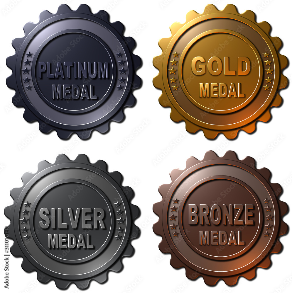 A set of four 3D rendered winner metallic badges, medals, seals or ...