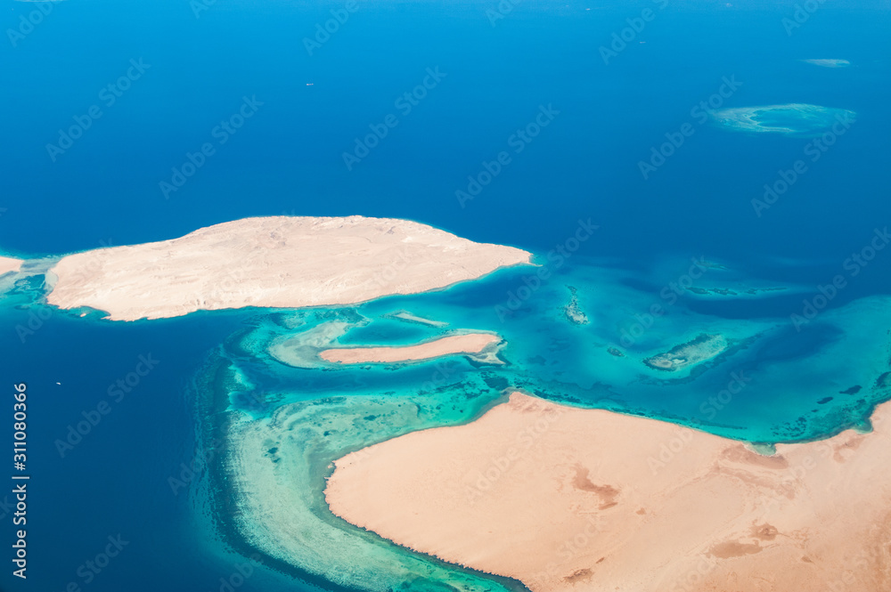 High above view of coral reefs and sandy islands in Red sea, Egypt ...