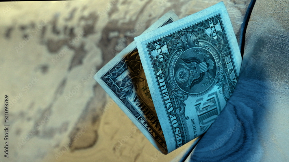 One dollar bill stuck in the gap of an unrepaired car. Close-up. Blue ...