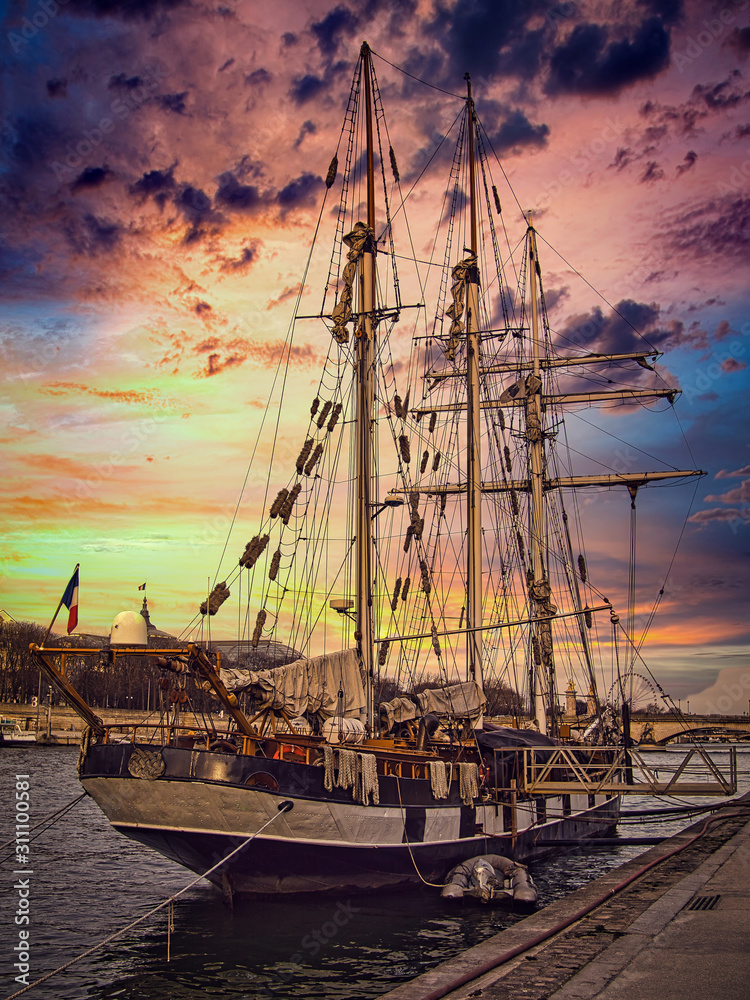 Beautiful old Sailing Ship on Seine River, Paris, France. La Boudeuse ...