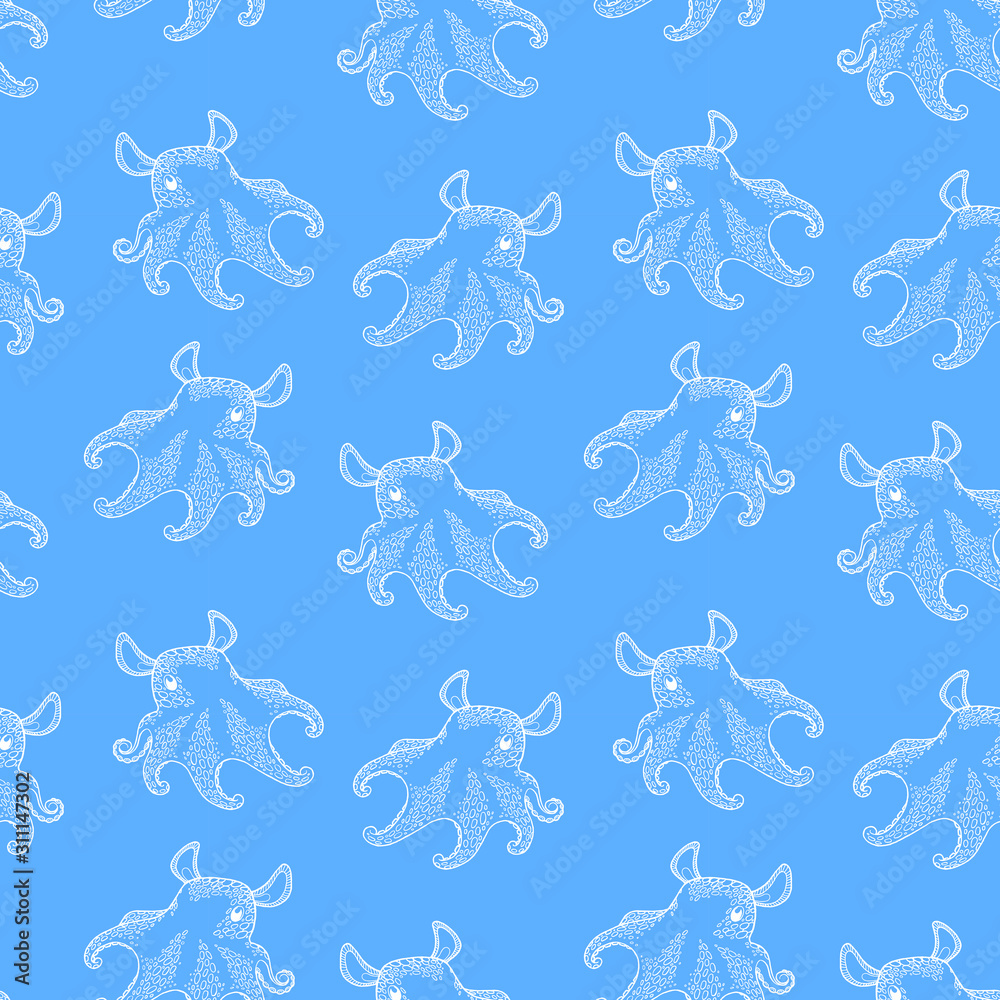 Seamless pattern. Octopus Dumbo. White outline on a blue background ...