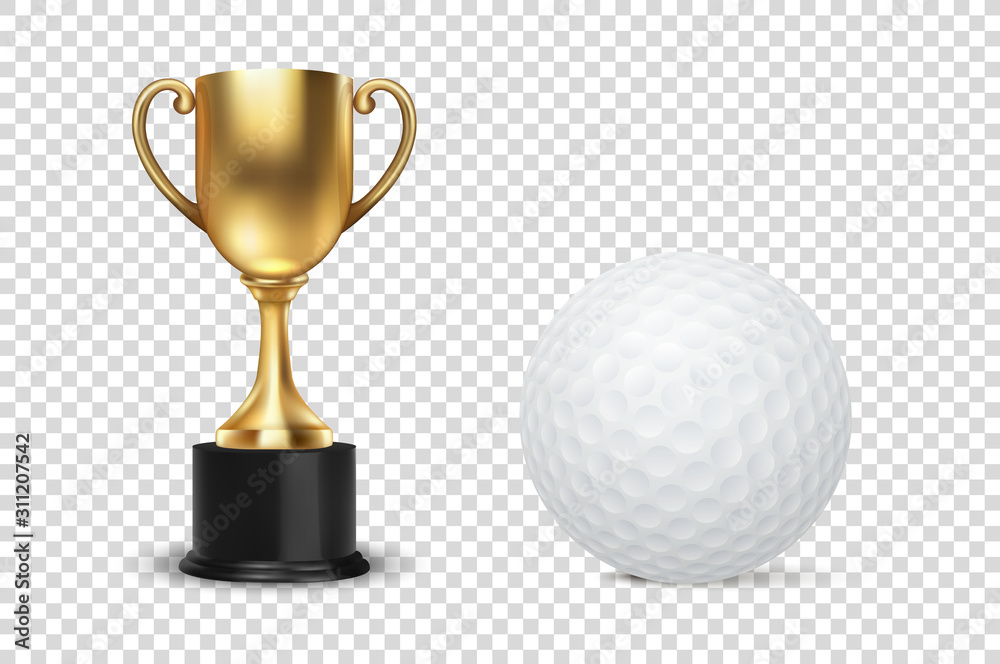 Realistic Vector 3d Golden Champion Cup Icon with Golf Ball Set ...
