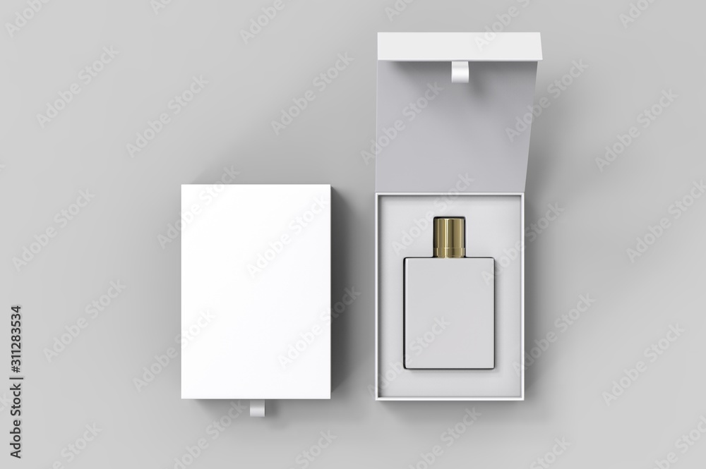 Blank perfume bottle in hard box for branding, 3d render illustration ...