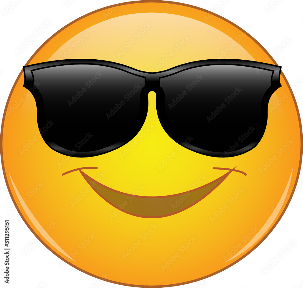 Cool emoji in shades. Yellow smiling face emoticon wearing sunglasses ...