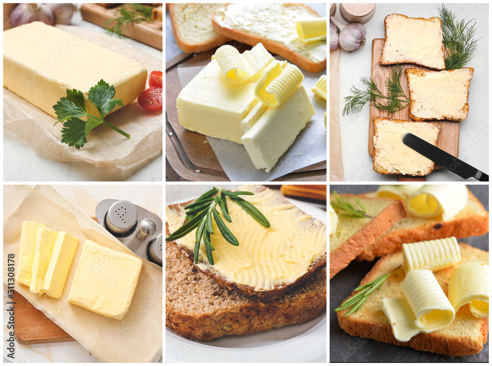 Collage of photos with tasty fresh butter and toasted bread Stock Photo ...