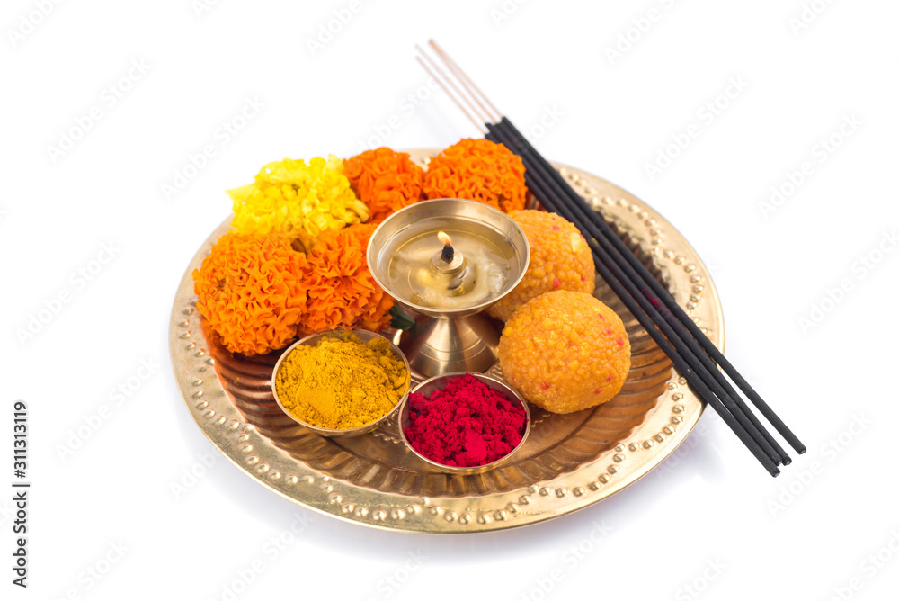 Photo Stock Beautifully Decorated Pooja Thali for festival celebration ...