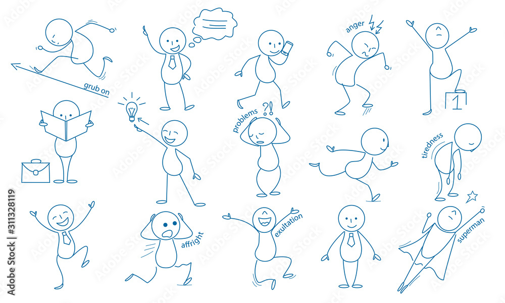Business stickman. Hand drawn characters people figures expressions ...