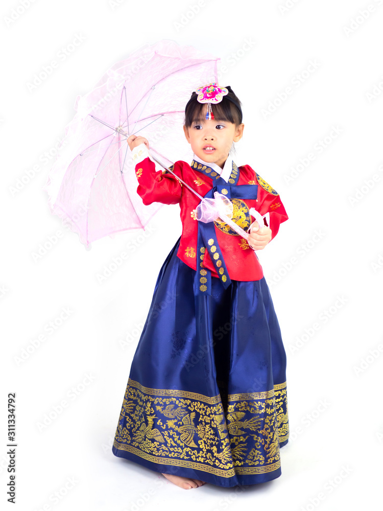 Asian little girl wearing a Korean Traditional Hanbok dress in white ...