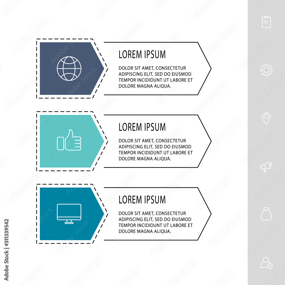 Vector infograph flat template. Shape with arrow for three diagrams, graph, flowchart, step for ...