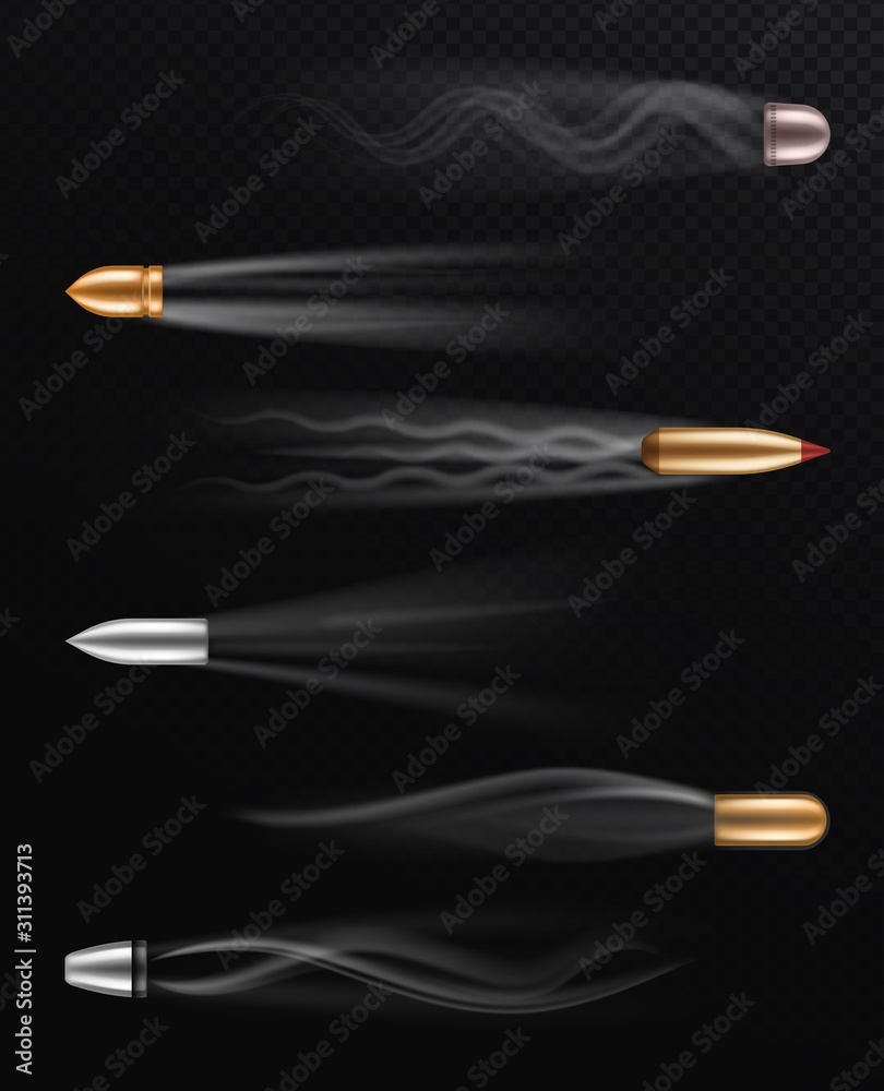 Realistic flying bullet. Fired bullets in motion with smoke trace ...