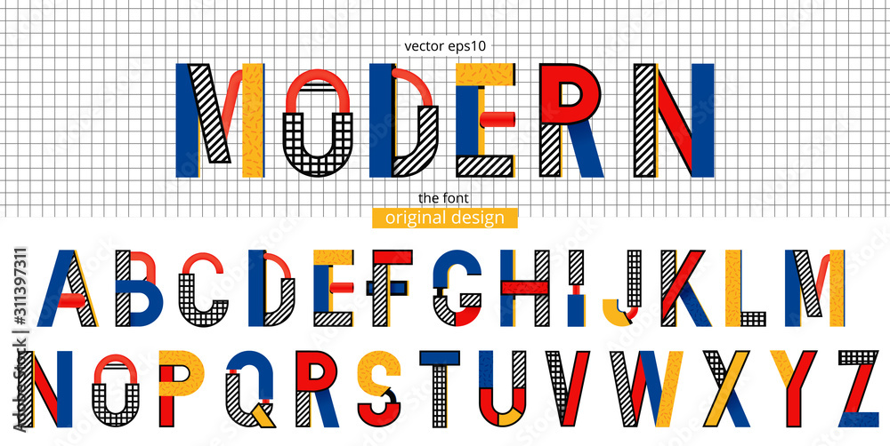 Memphis font in modern style. Graphic vector typeface. Abstract digital ...