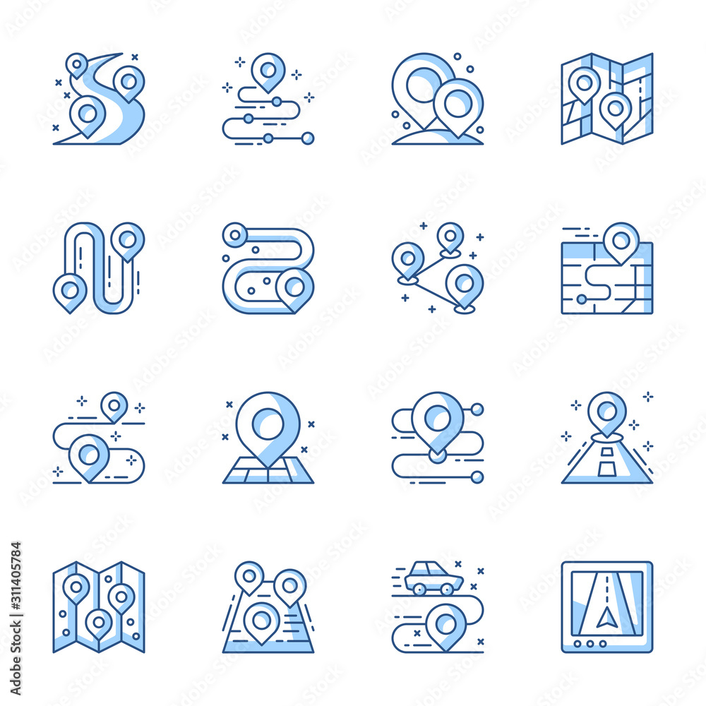 GPS navigator, geo tag linear vector icons set. Map with pointer, location marker pictogram ...