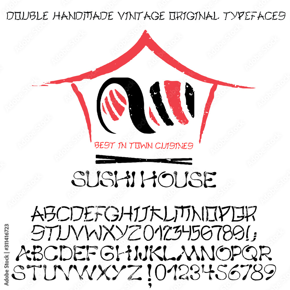 Hand drawn Japanese for sushi bars and samurai font. Fake hieroglyphs ...