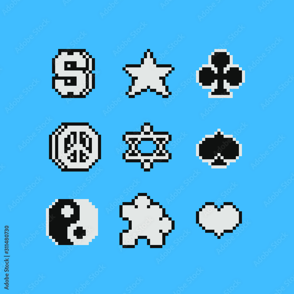 1bit symbol icons, pixel art set, Yin yang, star, dollar, pica, heart ...