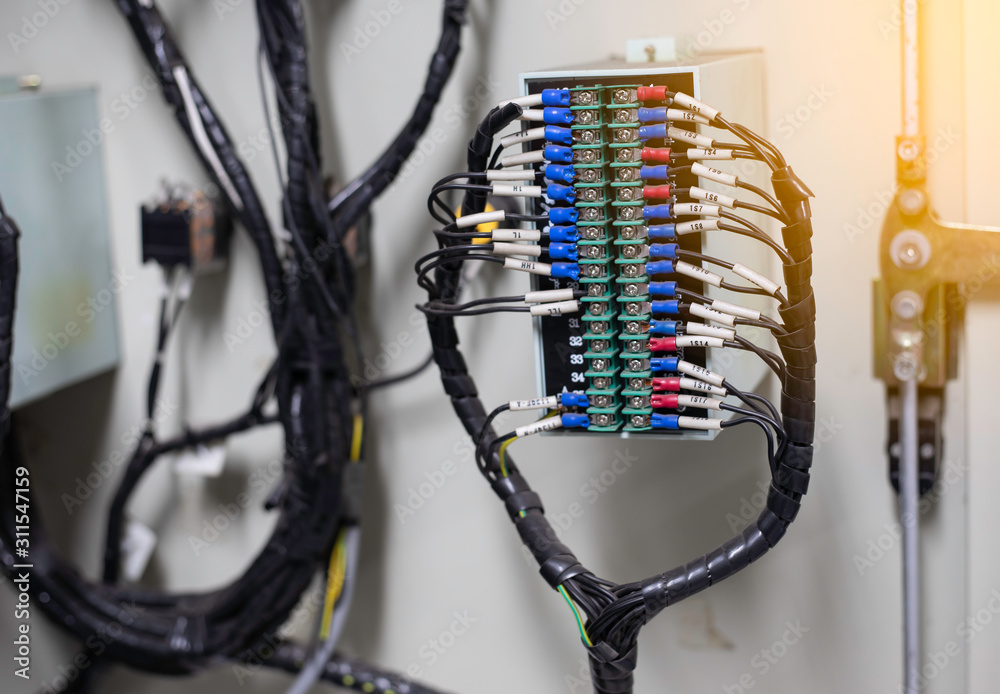 Wiring PLC control net terminal connection.Electrical wires connecting ...