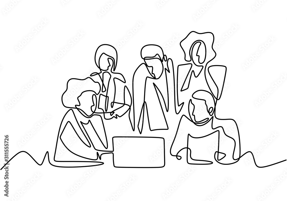 Continuous one line drawing of office workers team. Vector people ...