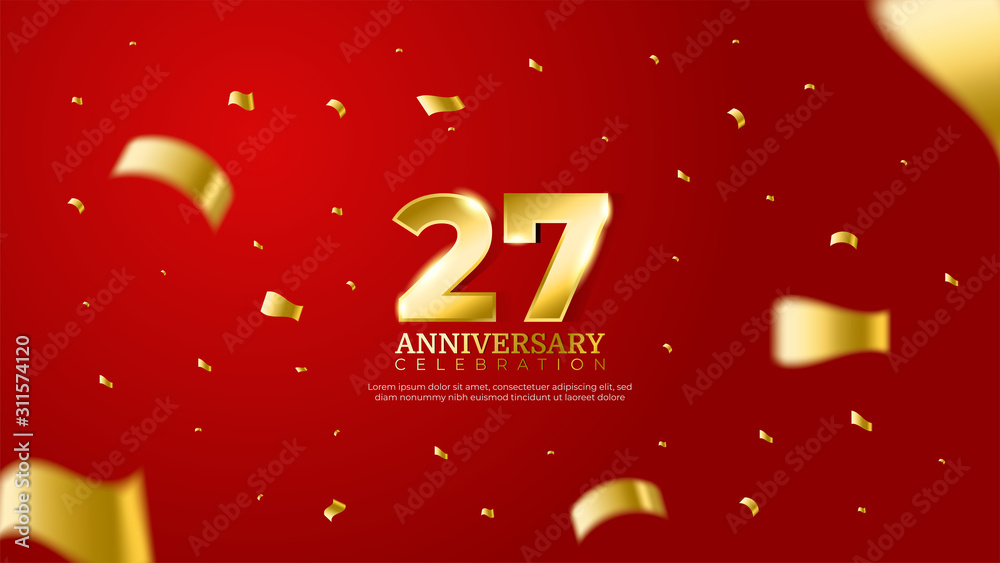 27th anniversary celebration vector red background. Golden numbers with ...