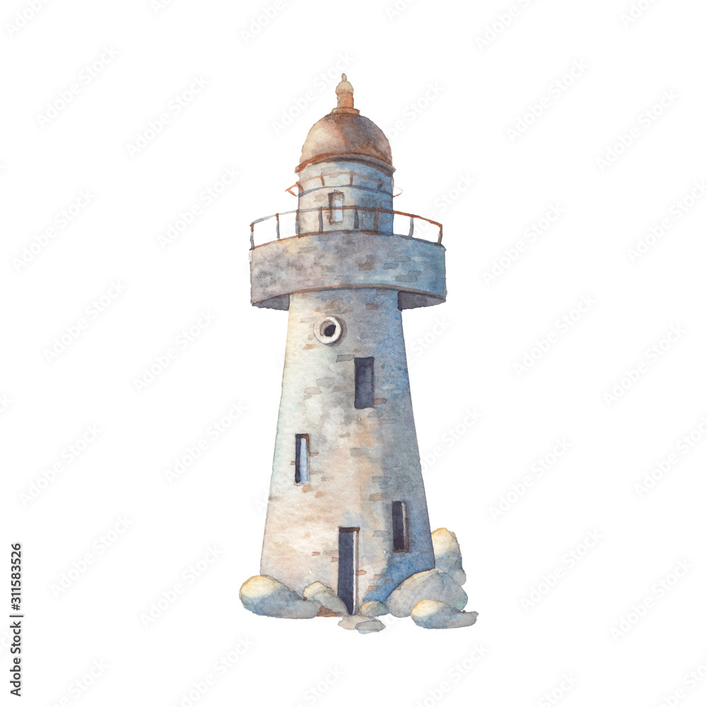 Watercolor lighthouse illustration. Isolated lighthouse on white ...