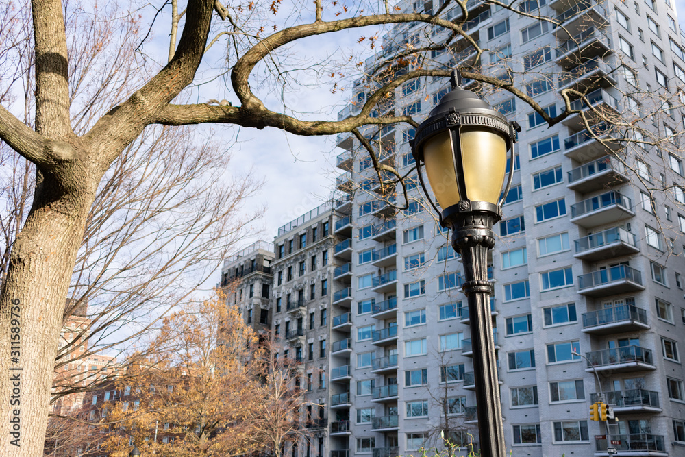 Street Light in front of Skyscrapers at Riverside Park on the Upper ...