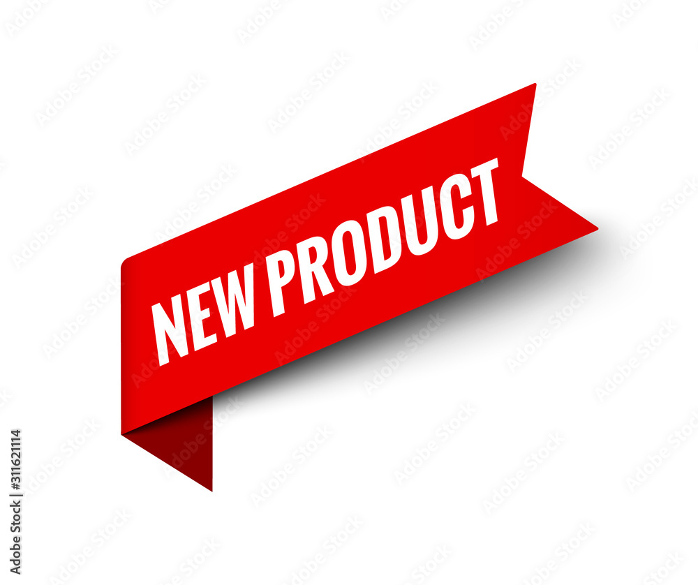 New product badge label tag. Red ribbon symbol new product sign design ...