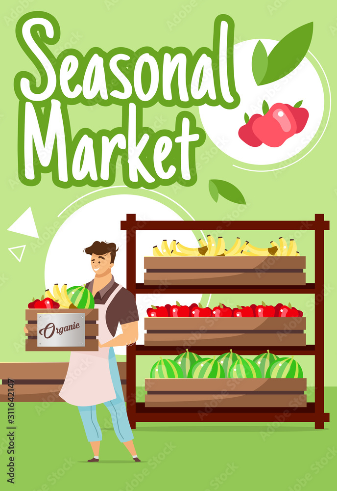 Seasonal market poster vector template. Organic fruit production ...