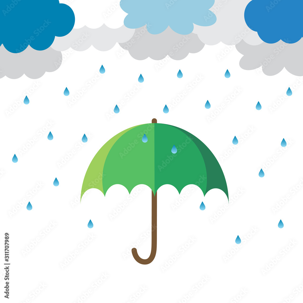 Cartoon cute cloud and water droplets with green umbrella (Parasol ...