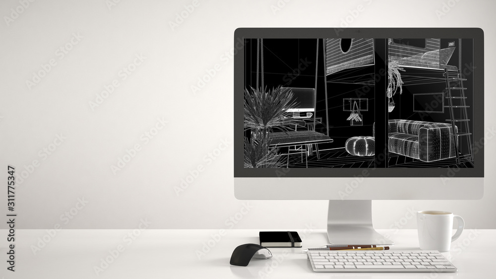 Architect house project concept, desktop computer on white background ...