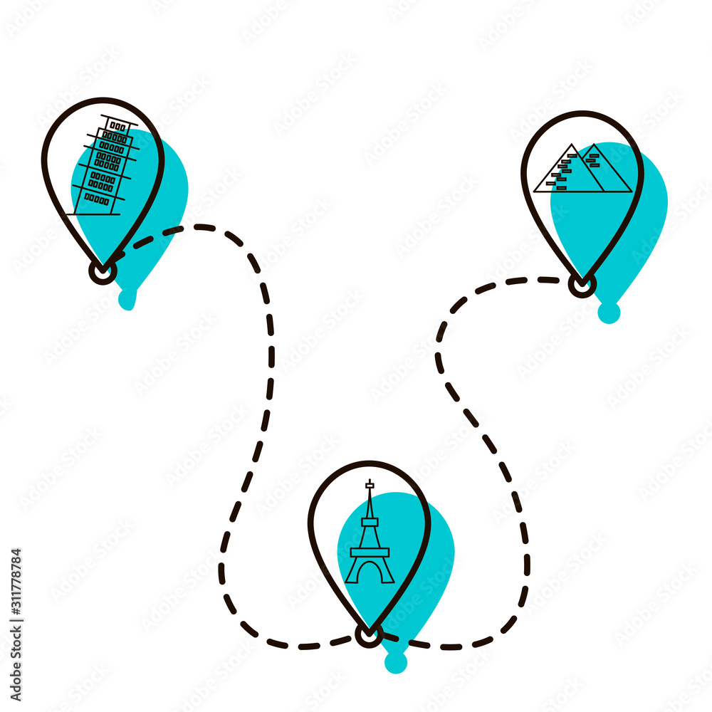 The route of the trip with different famous places on the world ...