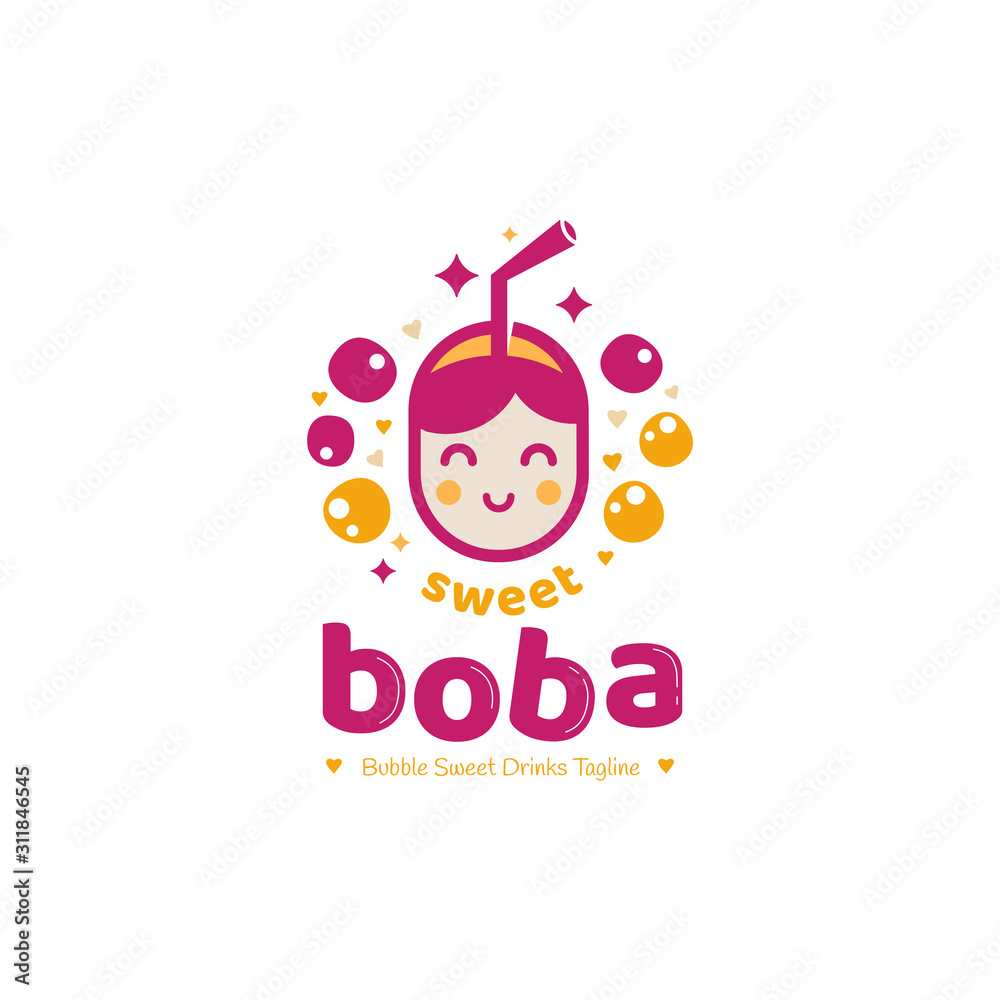 Sweet Boba logo, cute cup with a smiley face for the bubble tea logo ...