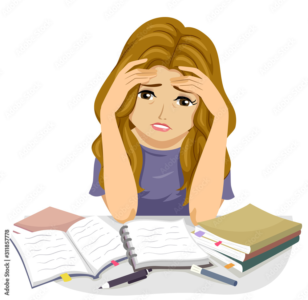Teen Girl Study Stressed Illustration Stock Vector | Adobe Stock