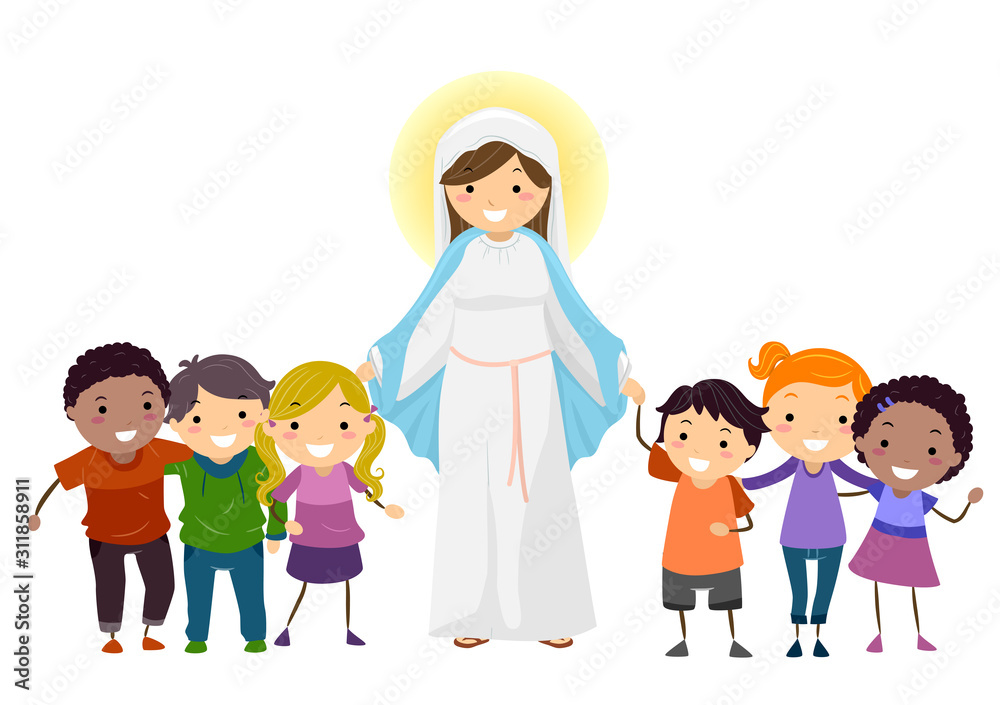 Stickman Kids Mother Mary Kids Hold Hands Stock Vector | Adobe Stock