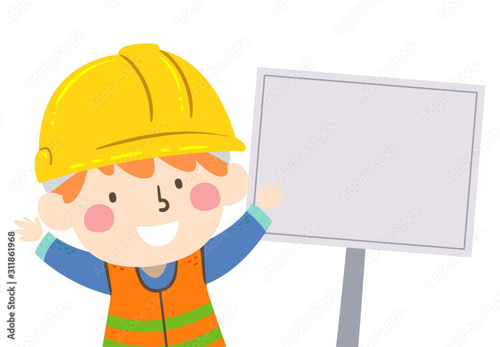 Kid Boy Construction Sign Board Illustration Stock Vector | Adobe Stock