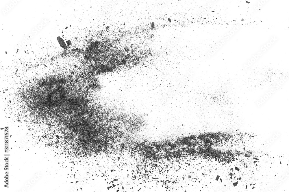Black charcoal dust explosion, gunpowder isolated on white background ...