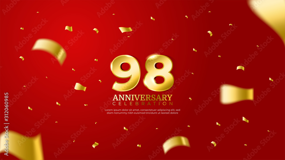 98th anniversary celebration vector red background. Golden numbers with ...