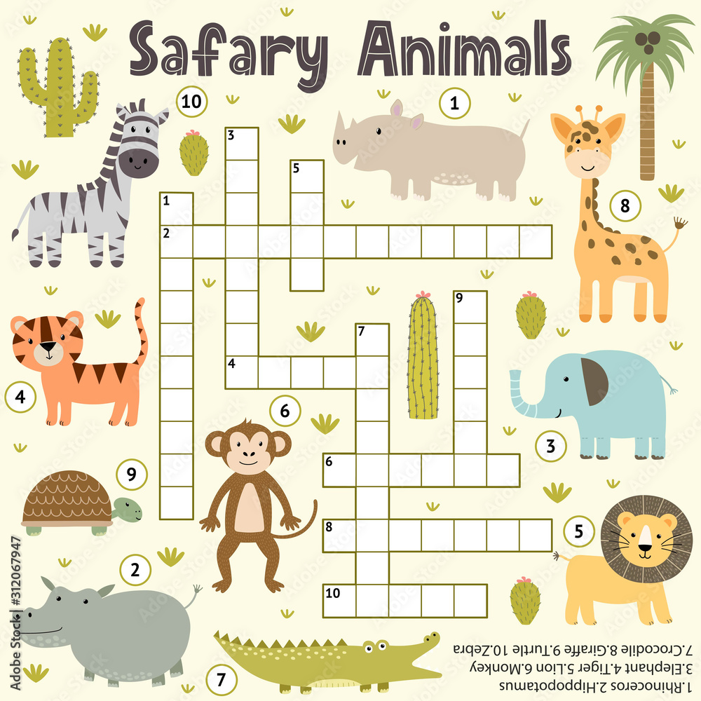 Crossword for kids with cute safari animals. Word search puzzle Stock ...