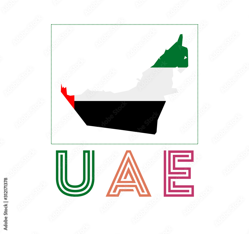UAE Logo. Map of UAE with country name and flag. Astonishing vector ...