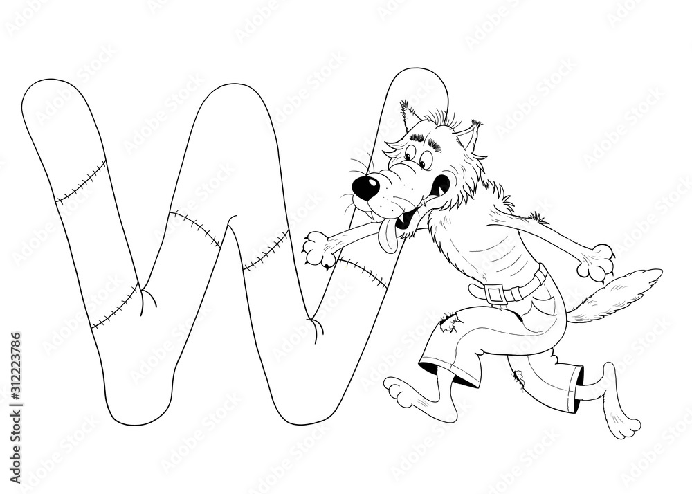 English alphabet. ABC. Capital letter W. Wolf. Educational book ...