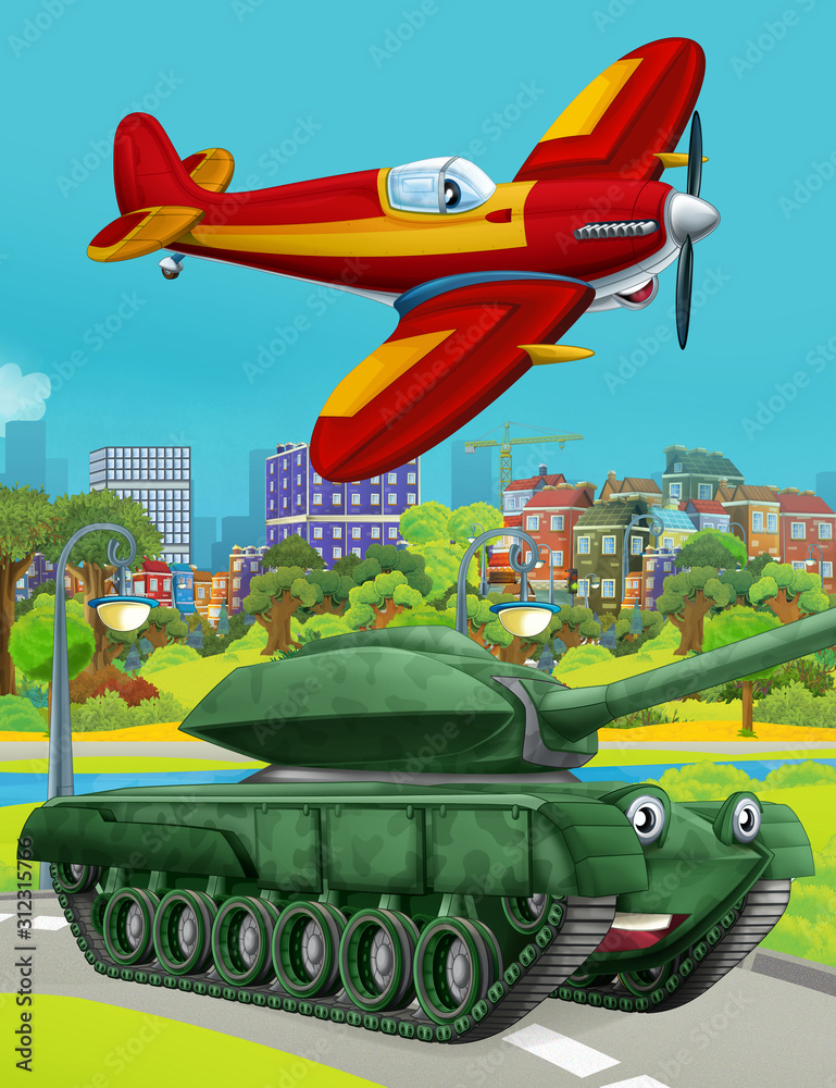 cartoon scene with military army car vehicle tank on the road and ...