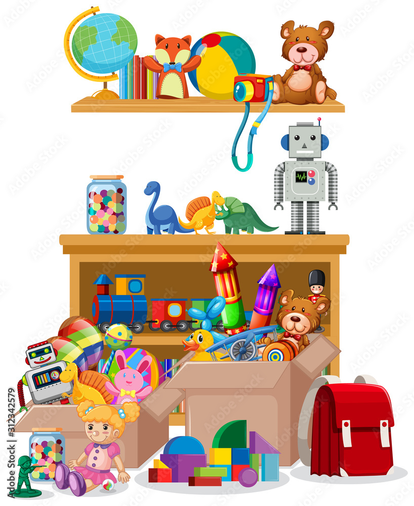 Shelf and boxes full of toys on white background Stock Vector | Adobe Stock