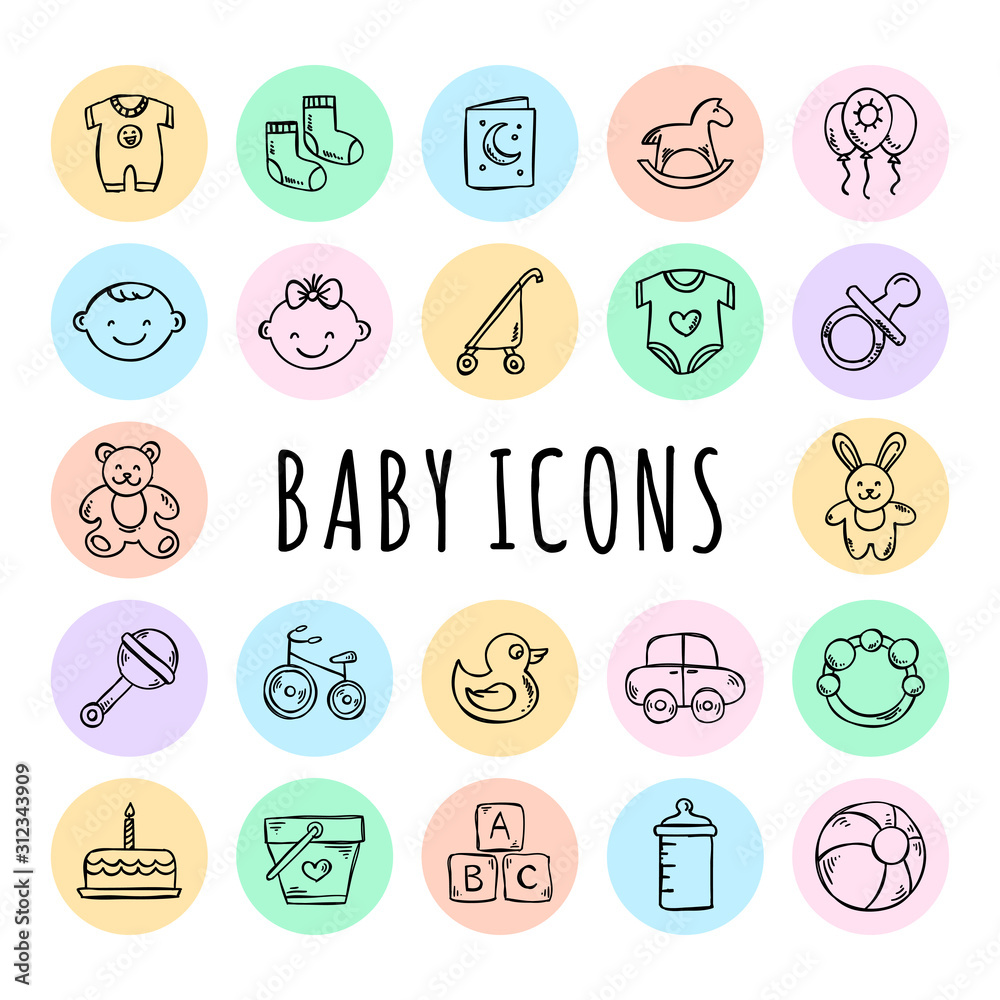 Baby icons vector set. Hand drawn collection for kids and little ...