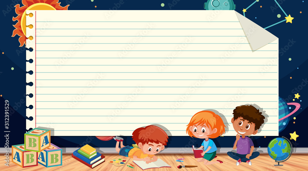 Paper template with kids reading books and space background Stock ...