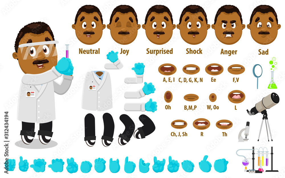 Cartoon scientist, researcher constructor for animation. Parts of body ...
