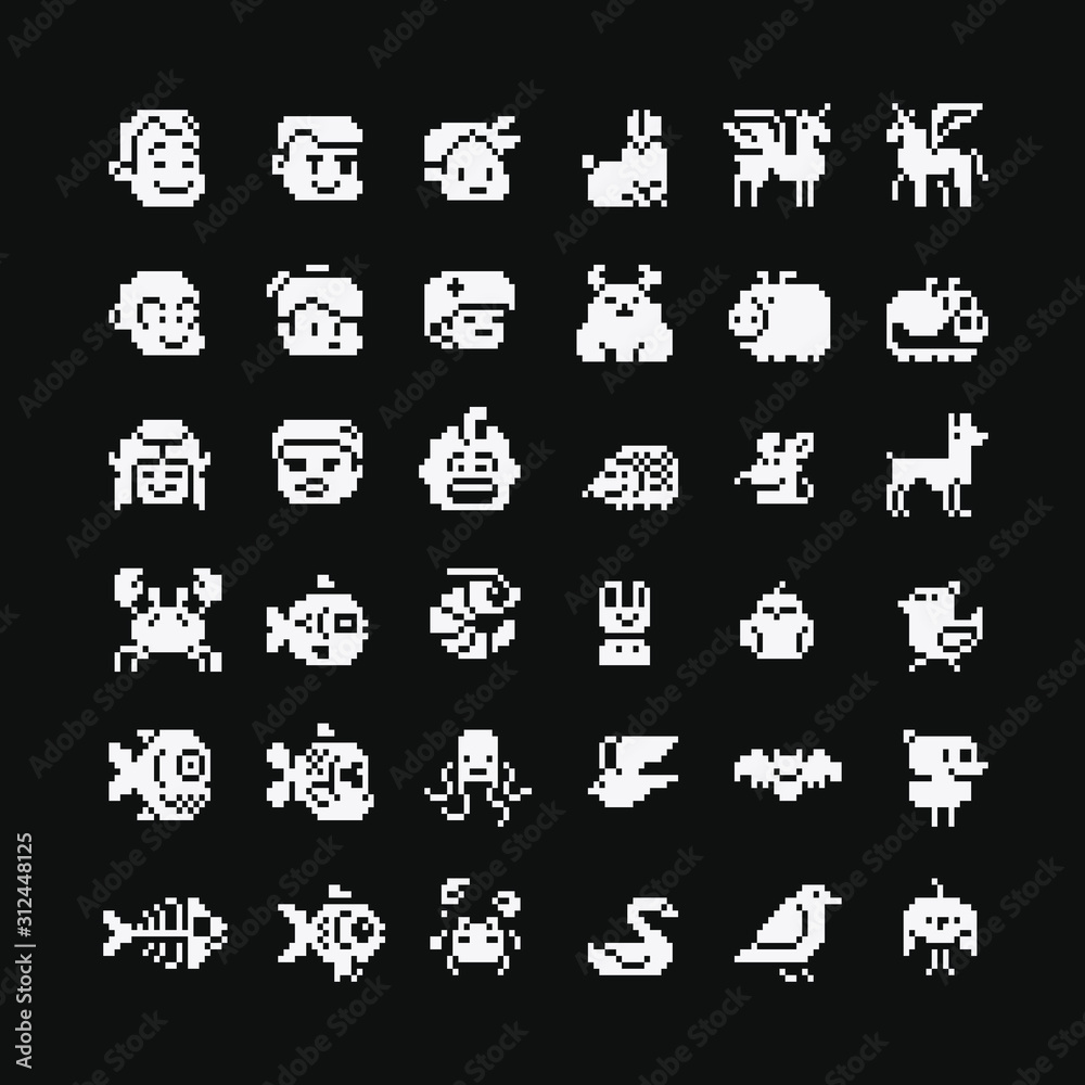 Various Cute Characters, Pixel art icons set, design for logo, web ...