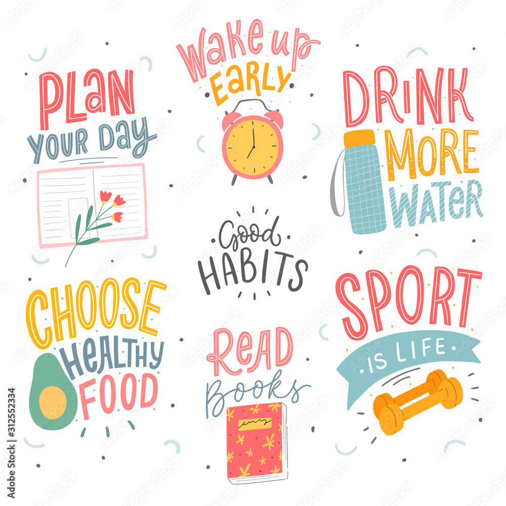 Set of good habits typographic phrases for stickers, card, poster ...