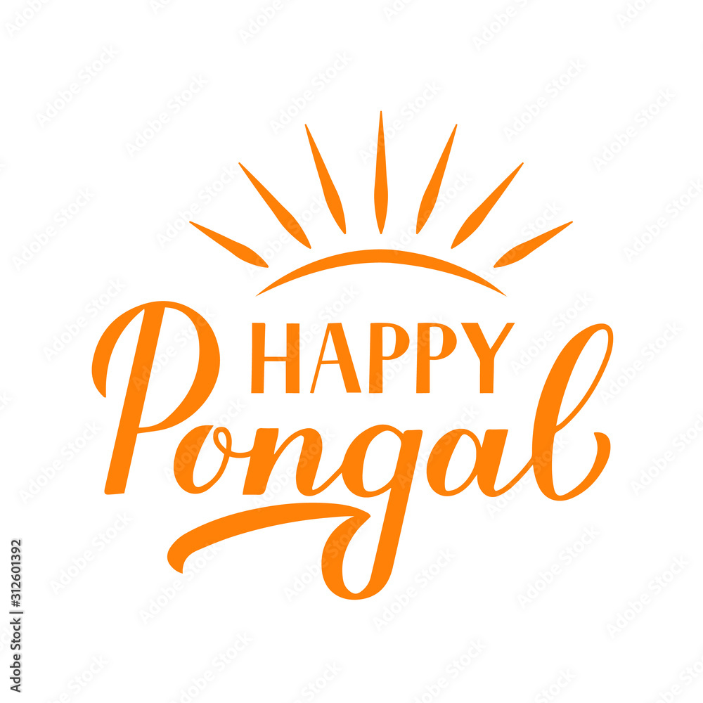 Happy Pongal calligraphy hand lettering isolated on white. South Indian ...