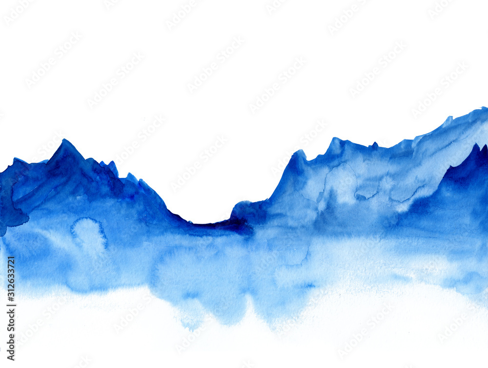 Watercolor landscape of blue vibrant mountain peaks. Peaceful tranquil ...