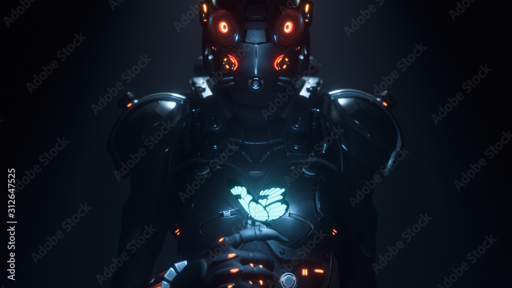 Ilustrace 3d illustration of sci-fi cyborg female in shiny black metal ...