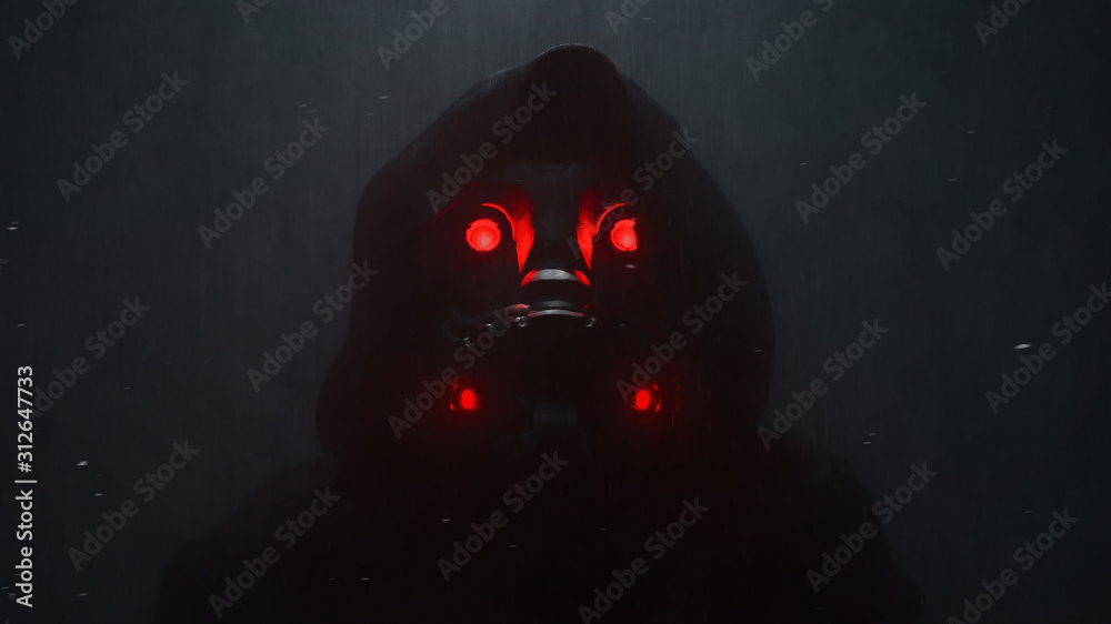 ภาพประกอบ Stock Digital illustration of cyborg head with red luminous ...