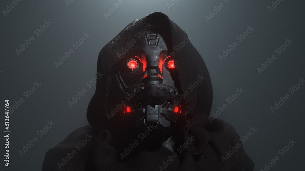 Ilustração 3D digital illustration of cyborg head with red luminous ...