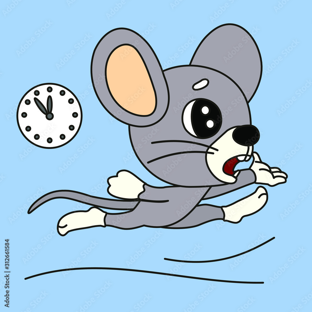 emoticon with cool mouse runs because it is late on a blue isolated ...